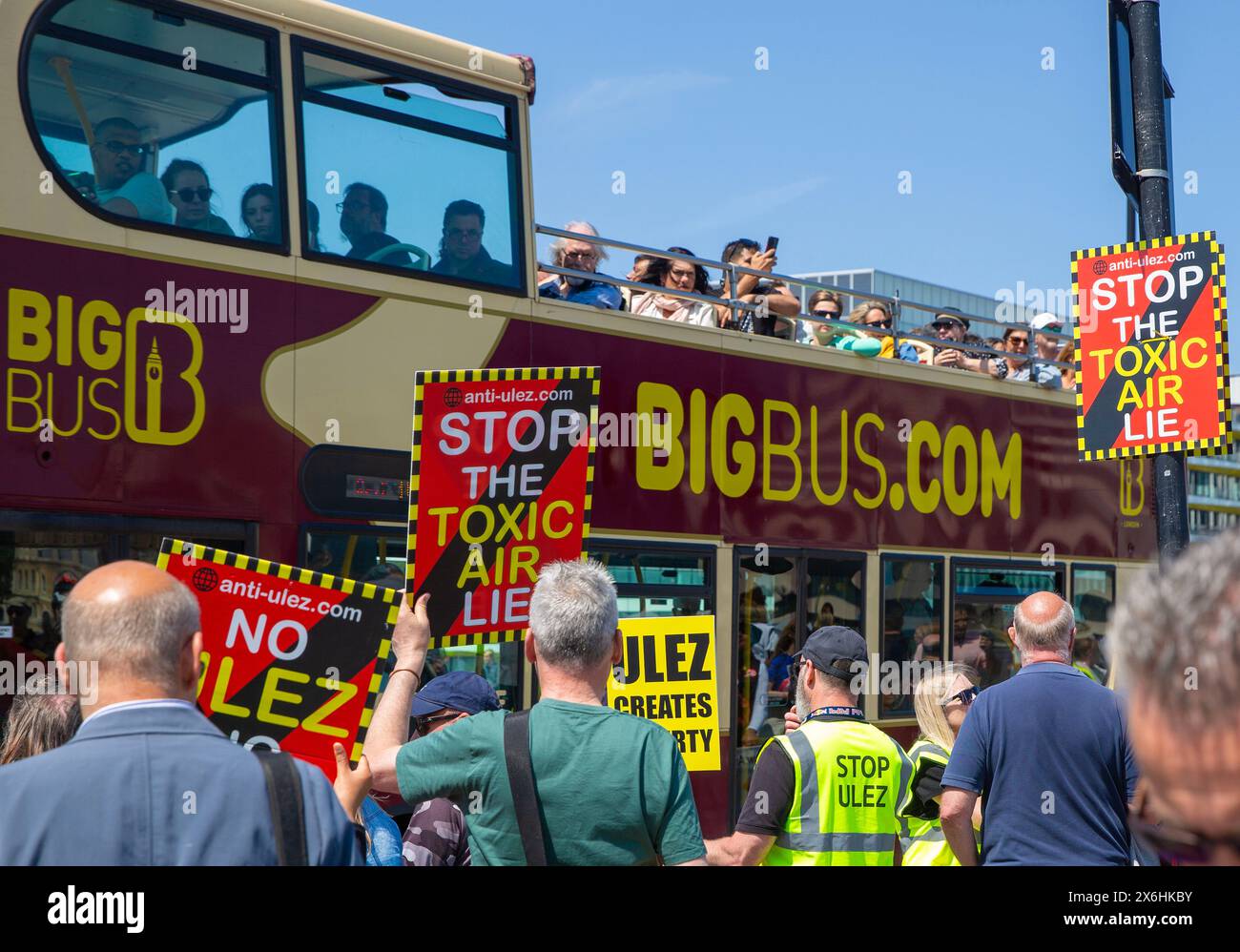 Banners and placards are seen as participants gather for an anti-ULEZ ...