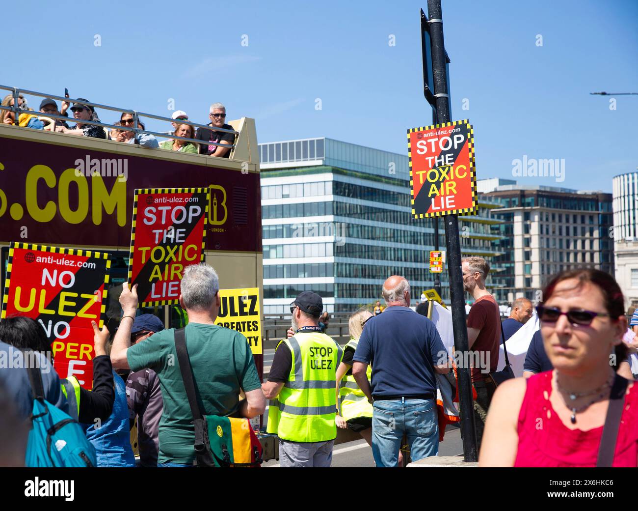 Banners and placards are seen as participants gather for an anti-ULEZ ...