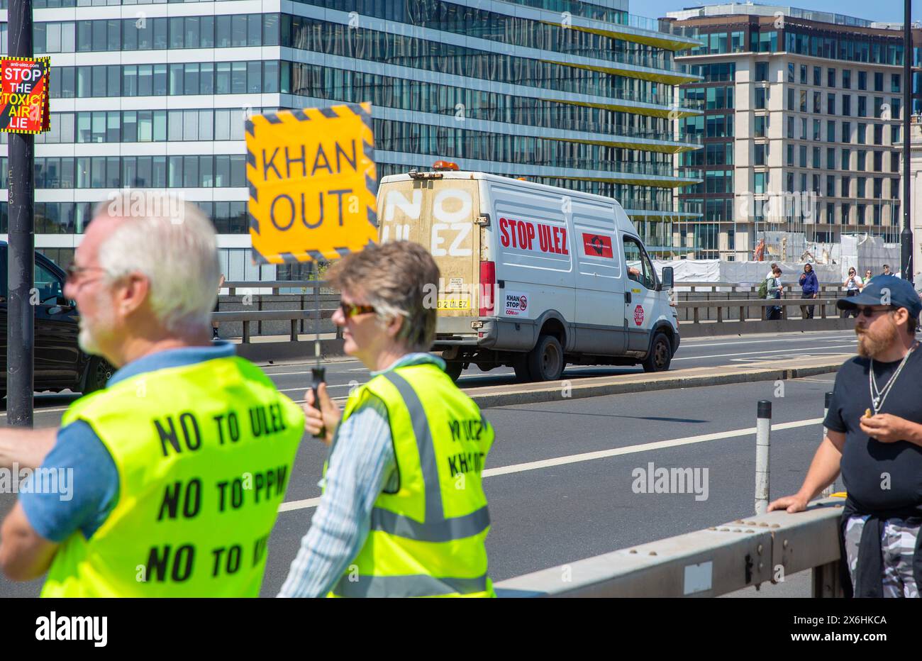 Banners and placards are seen as participants gather for an anti-ULEZ ...