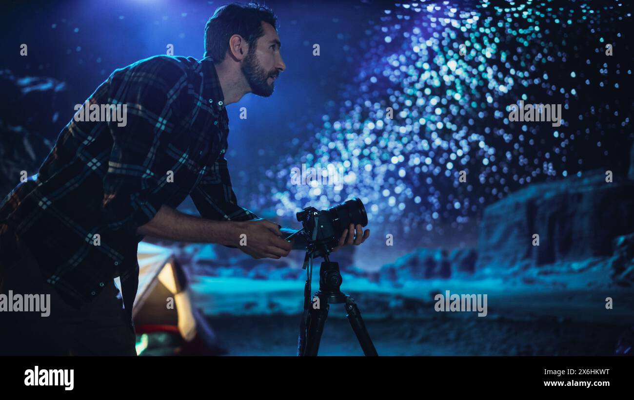 Photographer Prepares His Camera for Starry Night Sky, Astro ...