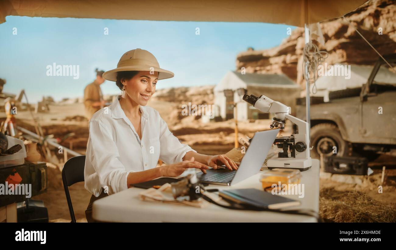 Archaeological Digging Site Beautiful Female Archaeologist Doing Research Using Laptop