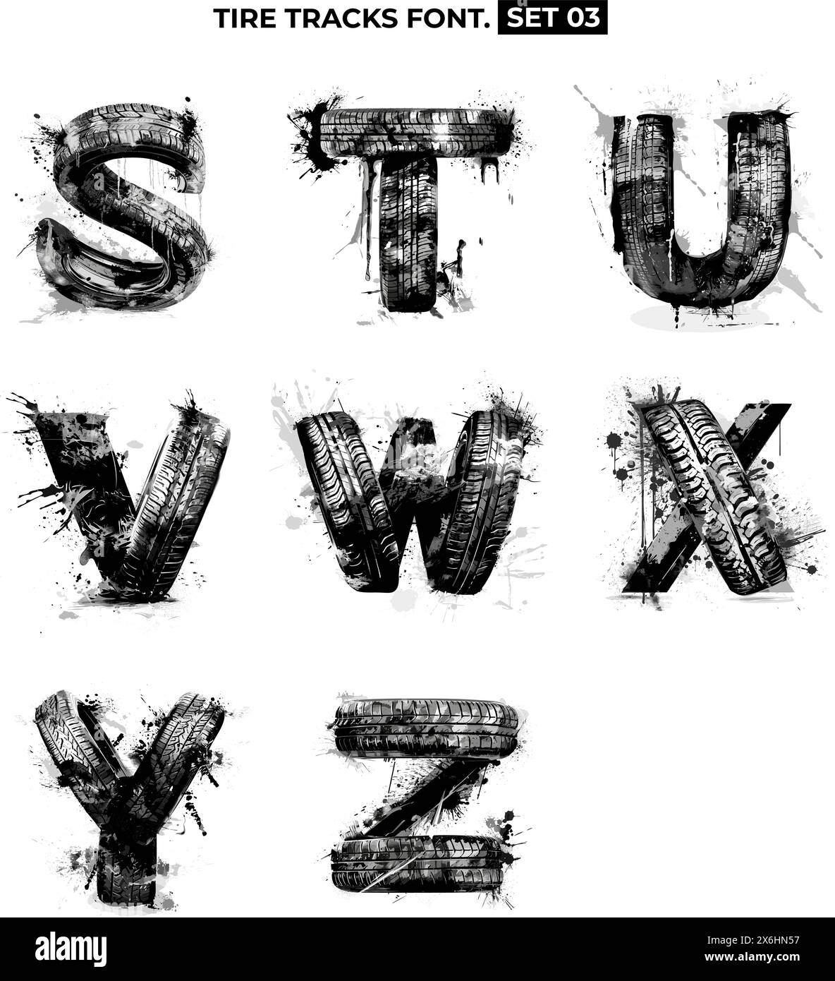 Tire tracks font. Set 03 on a white background. Vector illustration ...