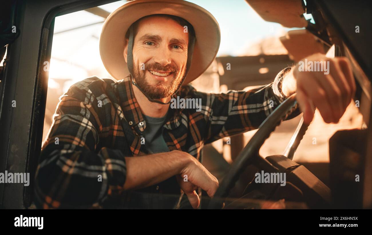 Desert Road Trip: Portrait of Handsome Male Explorer Looking out of Car ...