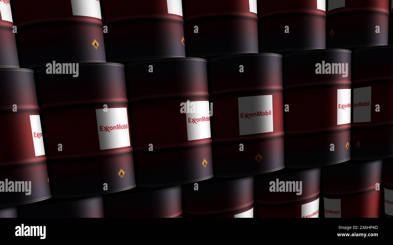 Poznan, Poland, May 12, 2024: ExxonMobile oil fuel and gas barrels in ...