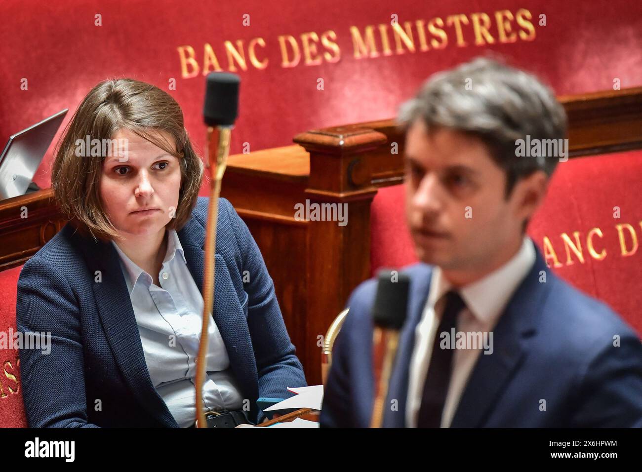 French Deputy Minister for the Relations with the Parliament Marie Lebec looks on during a ...
