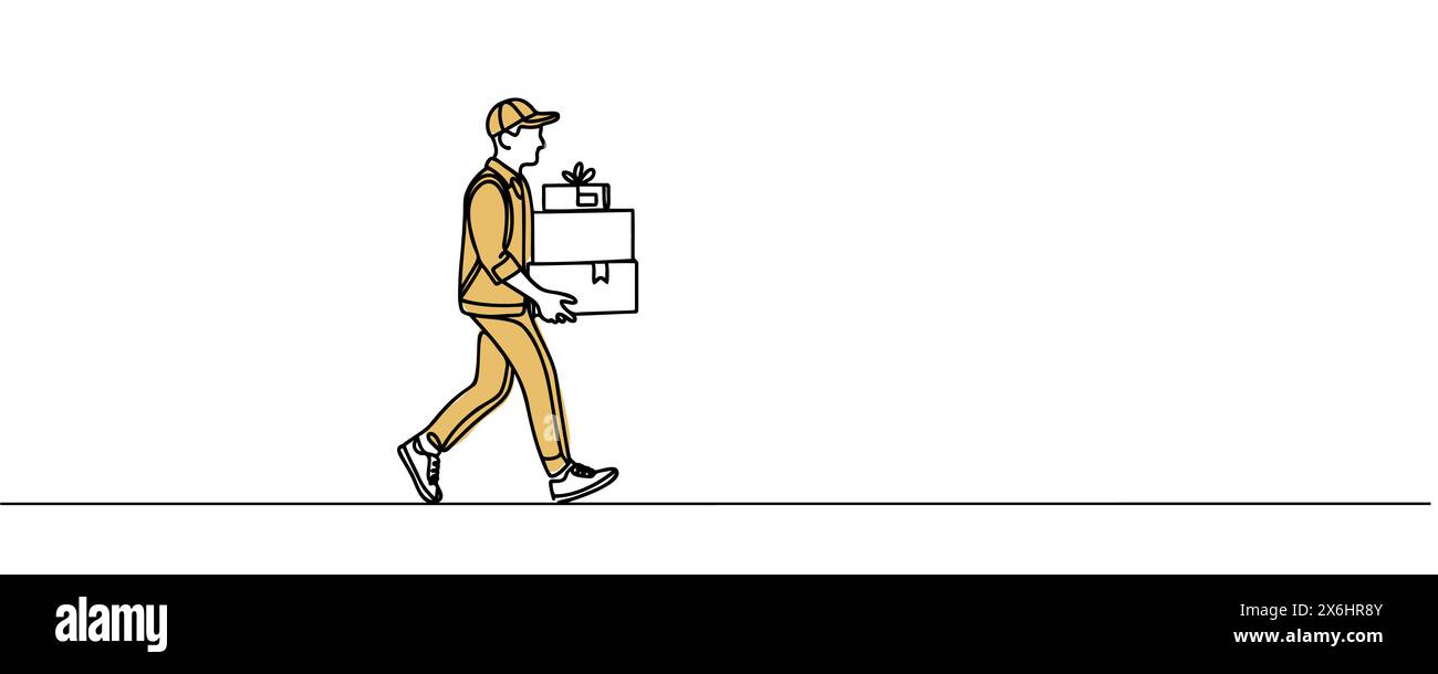continuous one line drawing of parcel delivery. Young guy with a ...