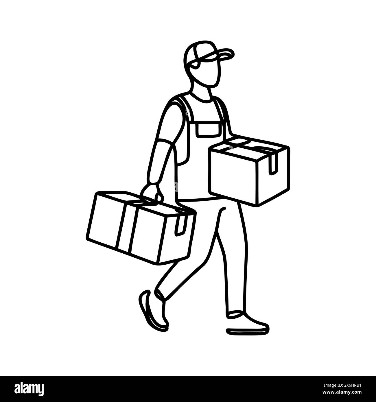 continuous one line drawing of parcel delivery. Young guy with a ...