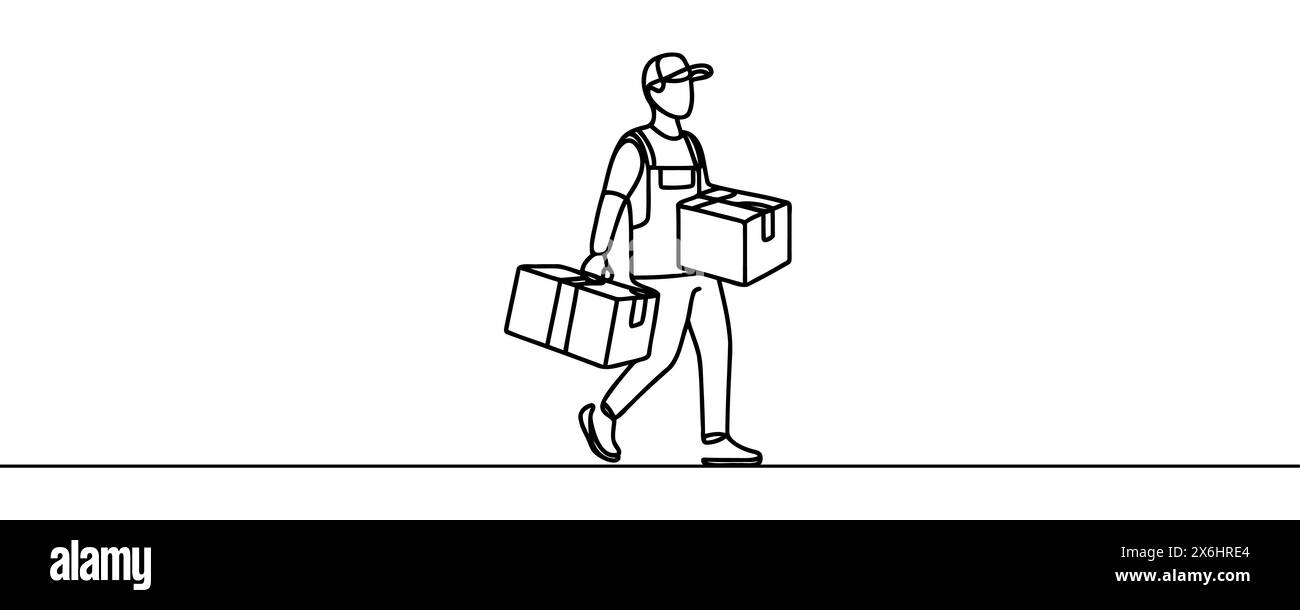 continuous one line drawing of parcel delivery. Young guy with a ...