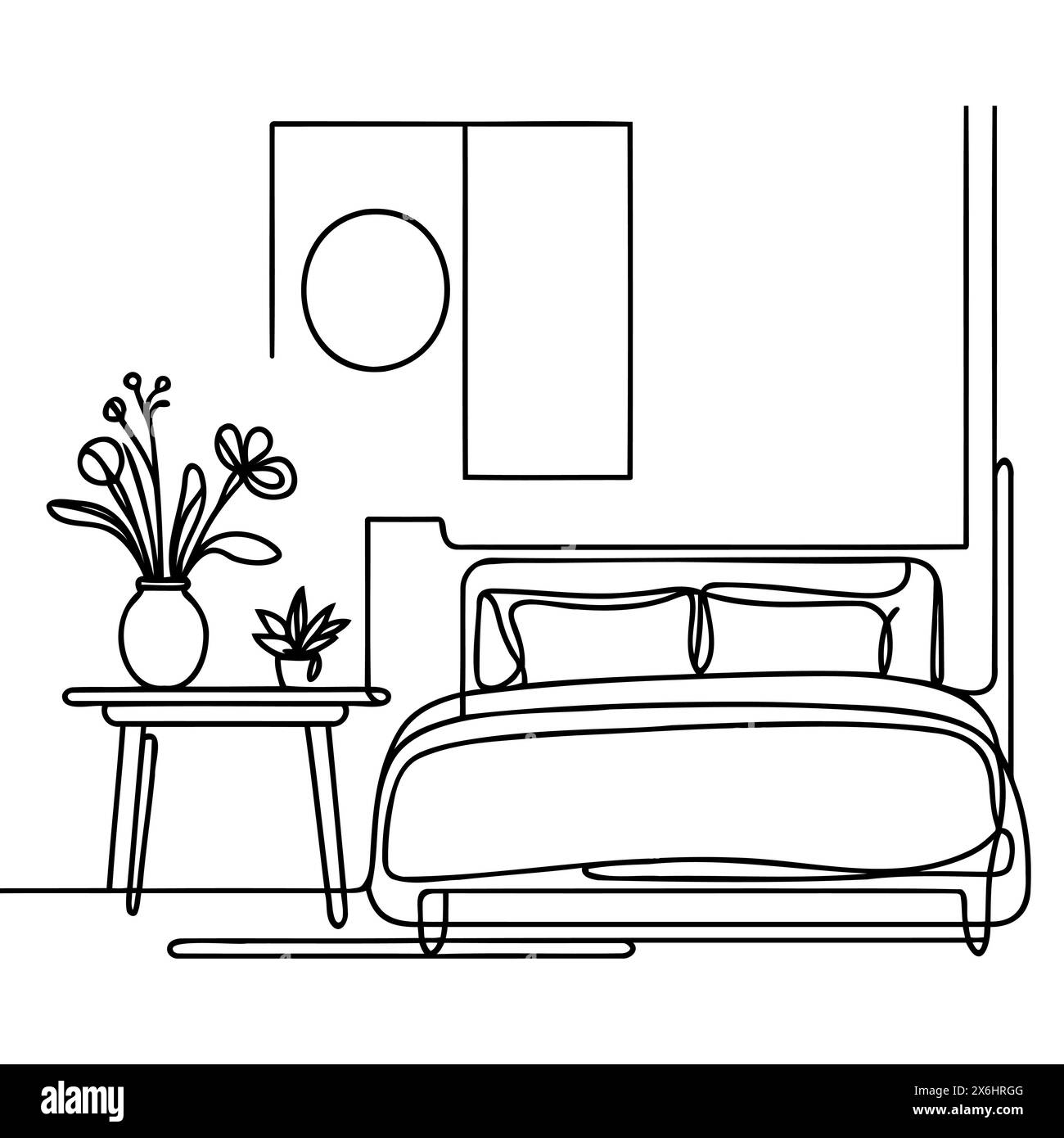 Continuous single line drawing of a double bed and table with a potted ...