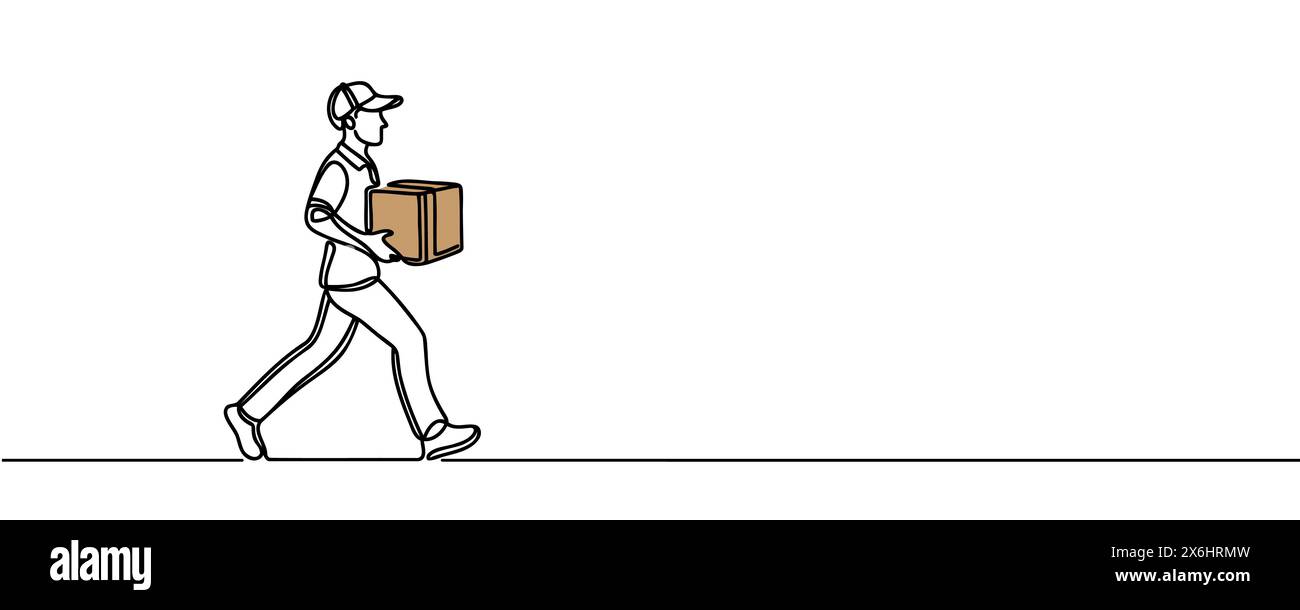 continuous one line drawing of parcel delivery. Young guy with a ...