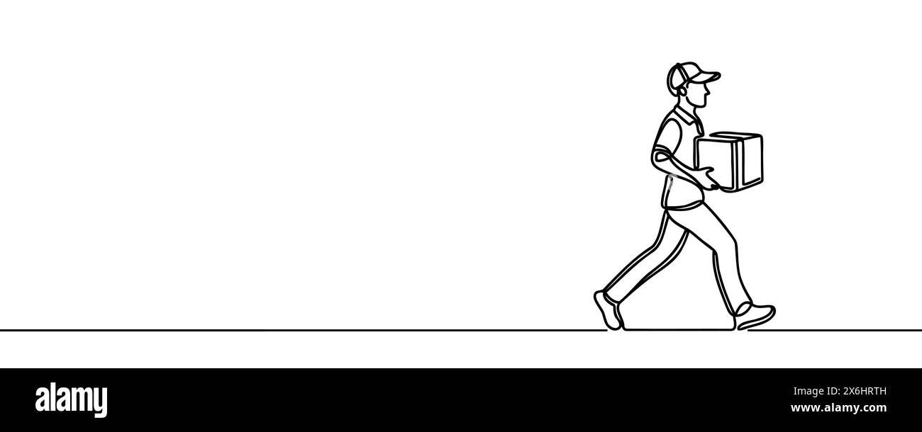 continuous one line drawing of parcel delivery. Young guy with a ...