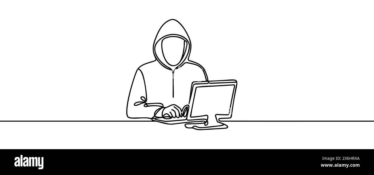 One line continuous cyber security hacker symbol. Silhouette of online ...