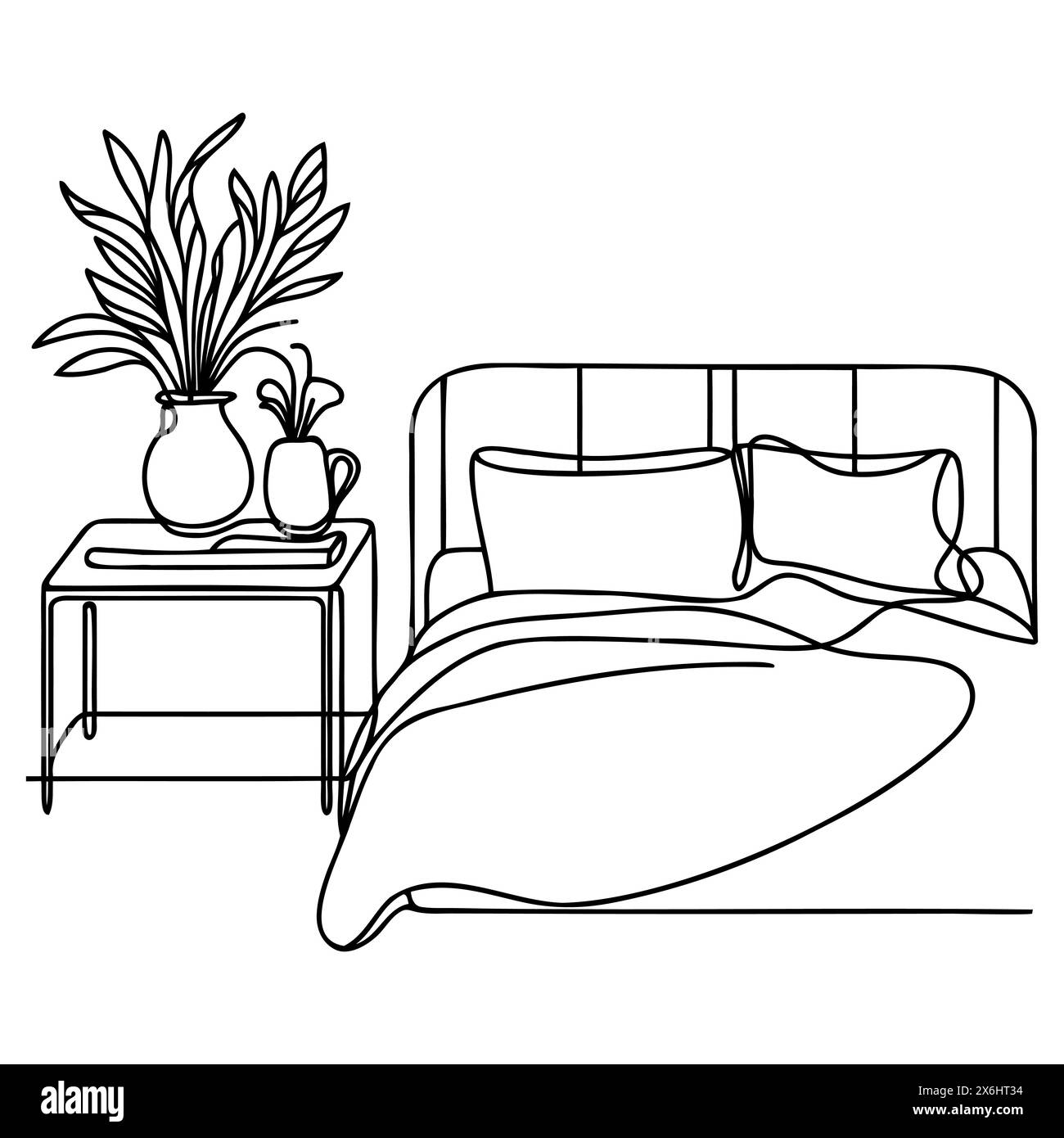 Continuous single line drawing of a double bed and table with a potted ...