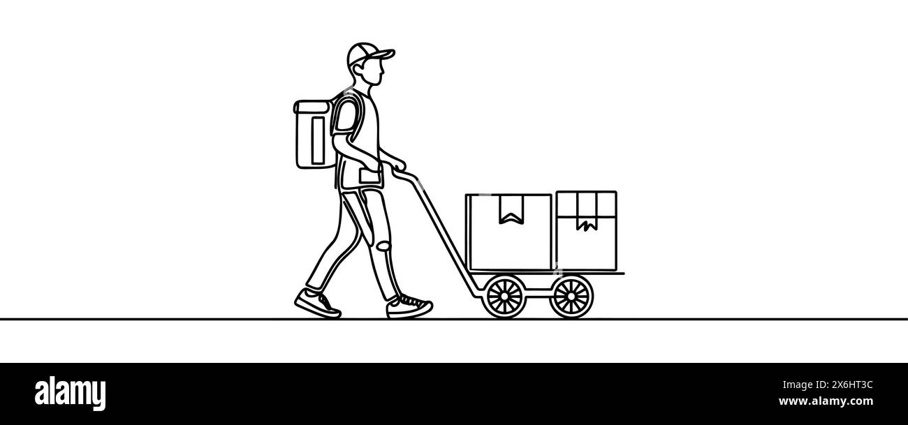 Single line drawing of a courier with a cardboard box with a trolley ...