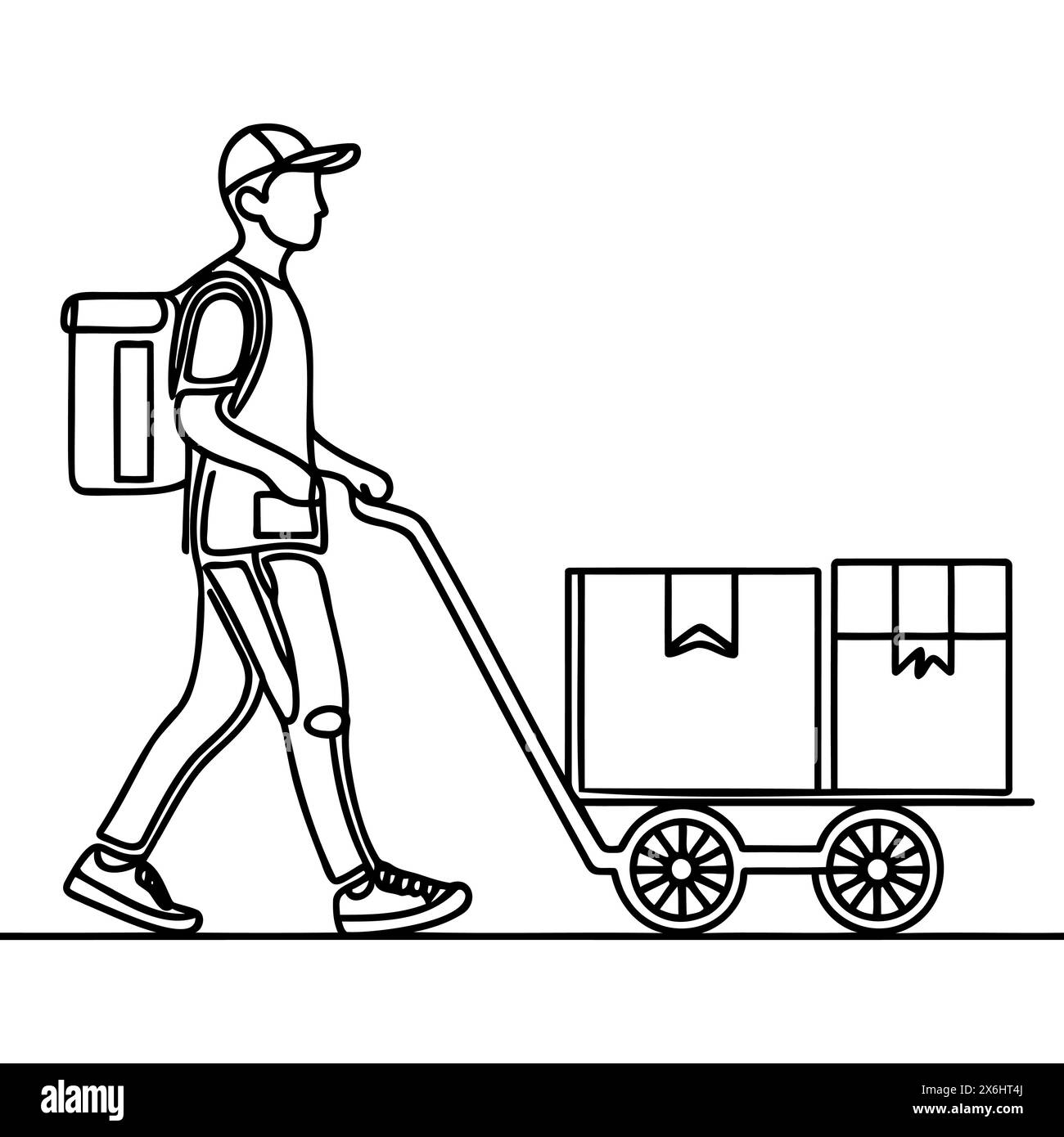 Single line drawing of a courier with a cardboard box with a trolley ...