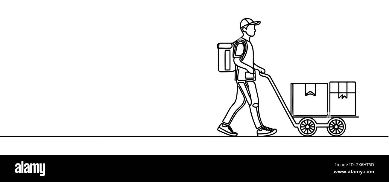 Single line drawing of a courier with a cardboard box with a trolley ...