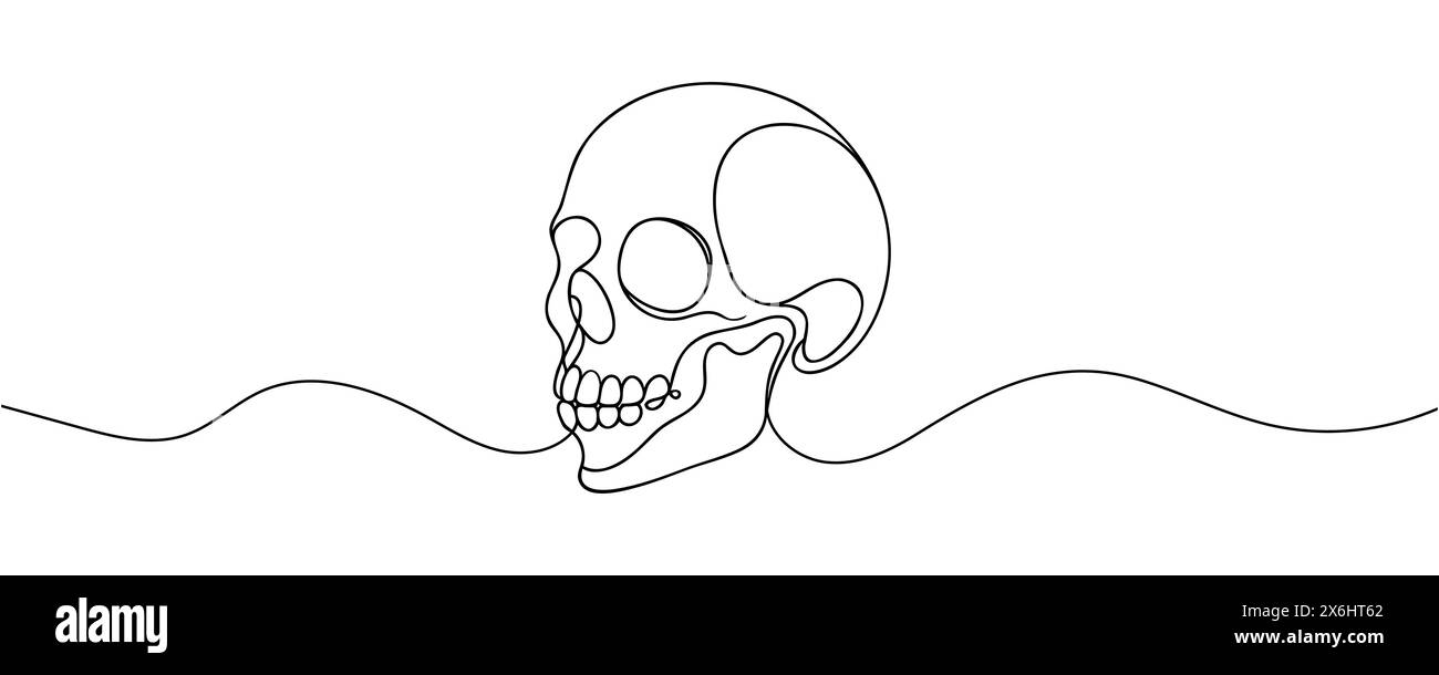Human scull. One line continuous Halloween skull isolated on white ...