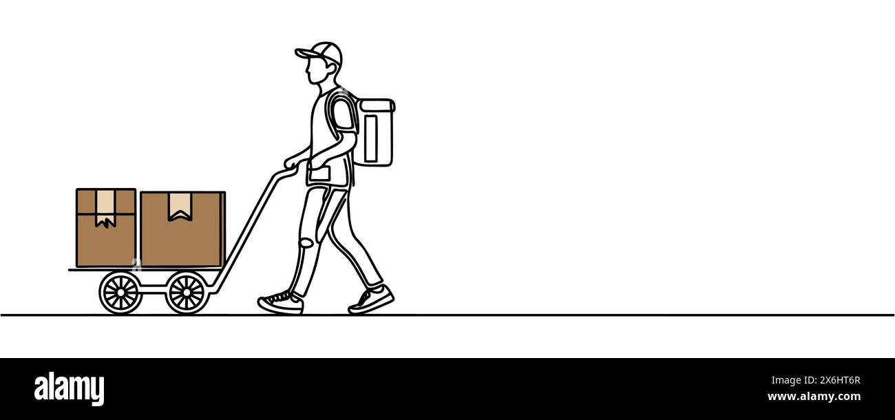 Single line drawing of a courier with a cardboard box with a trolley ...