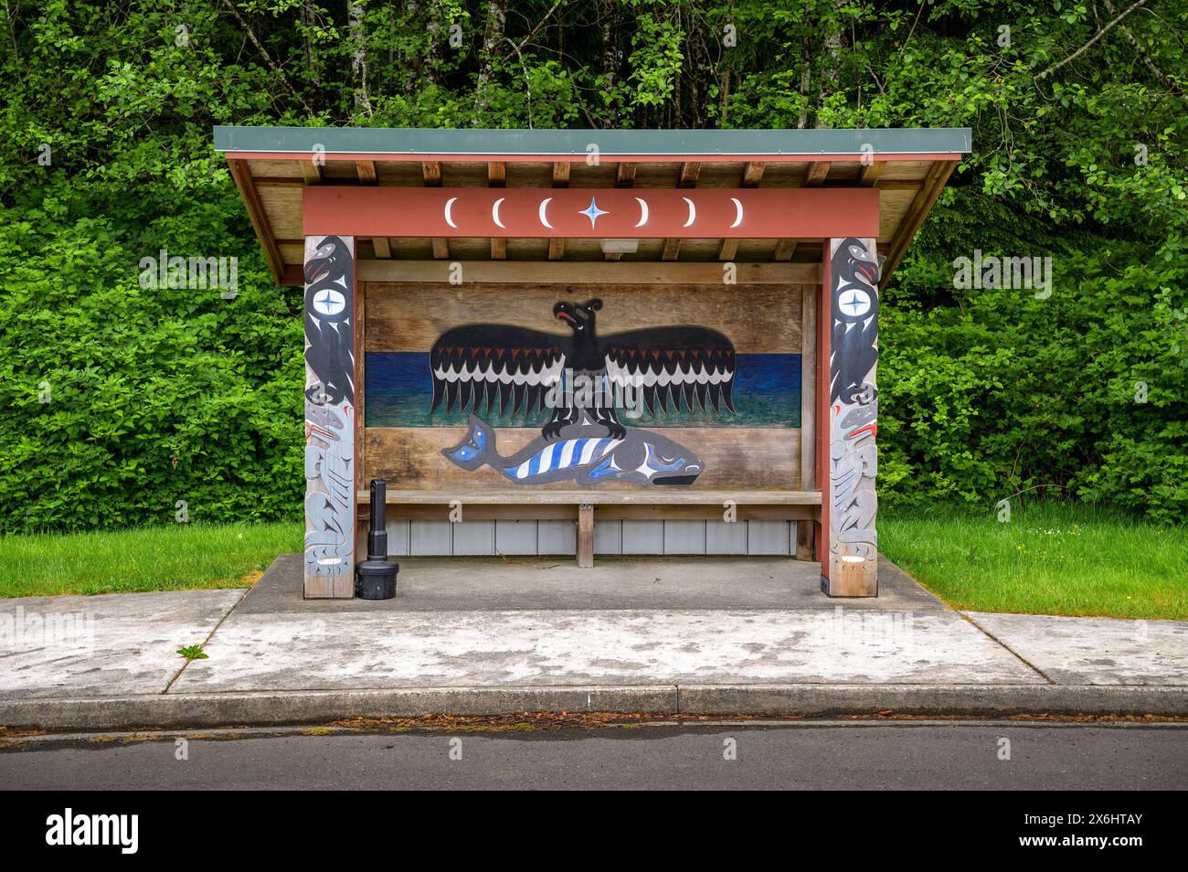 Bus stop with Quileute tribe mural in La Push, Washington Stock Photo ...