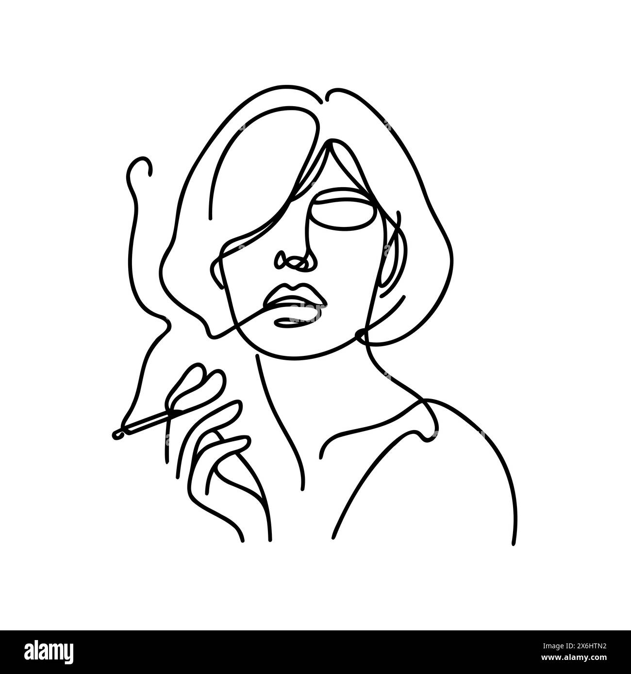 Woman with a cigarette in her mouth one line drawing on white isolated ...