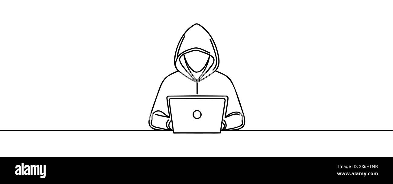One line continuous cyber security hacker symbol. Silhouette of online ...