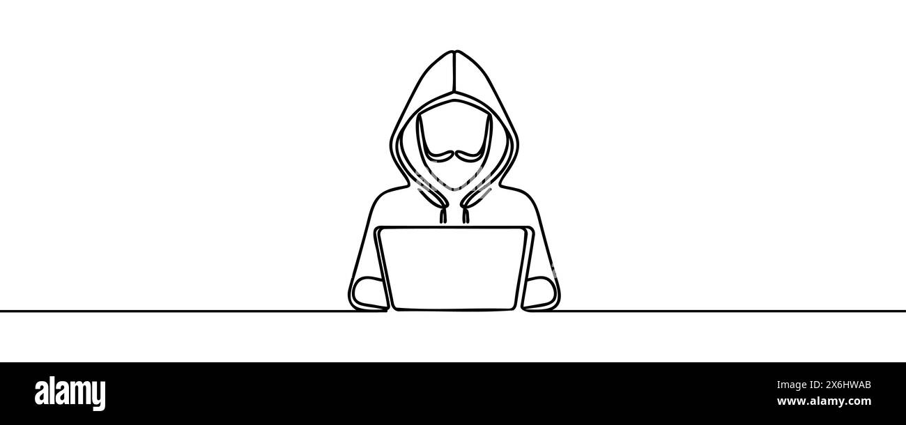 One line continuous cyber security hacker symbol. Silhouette of online ...
