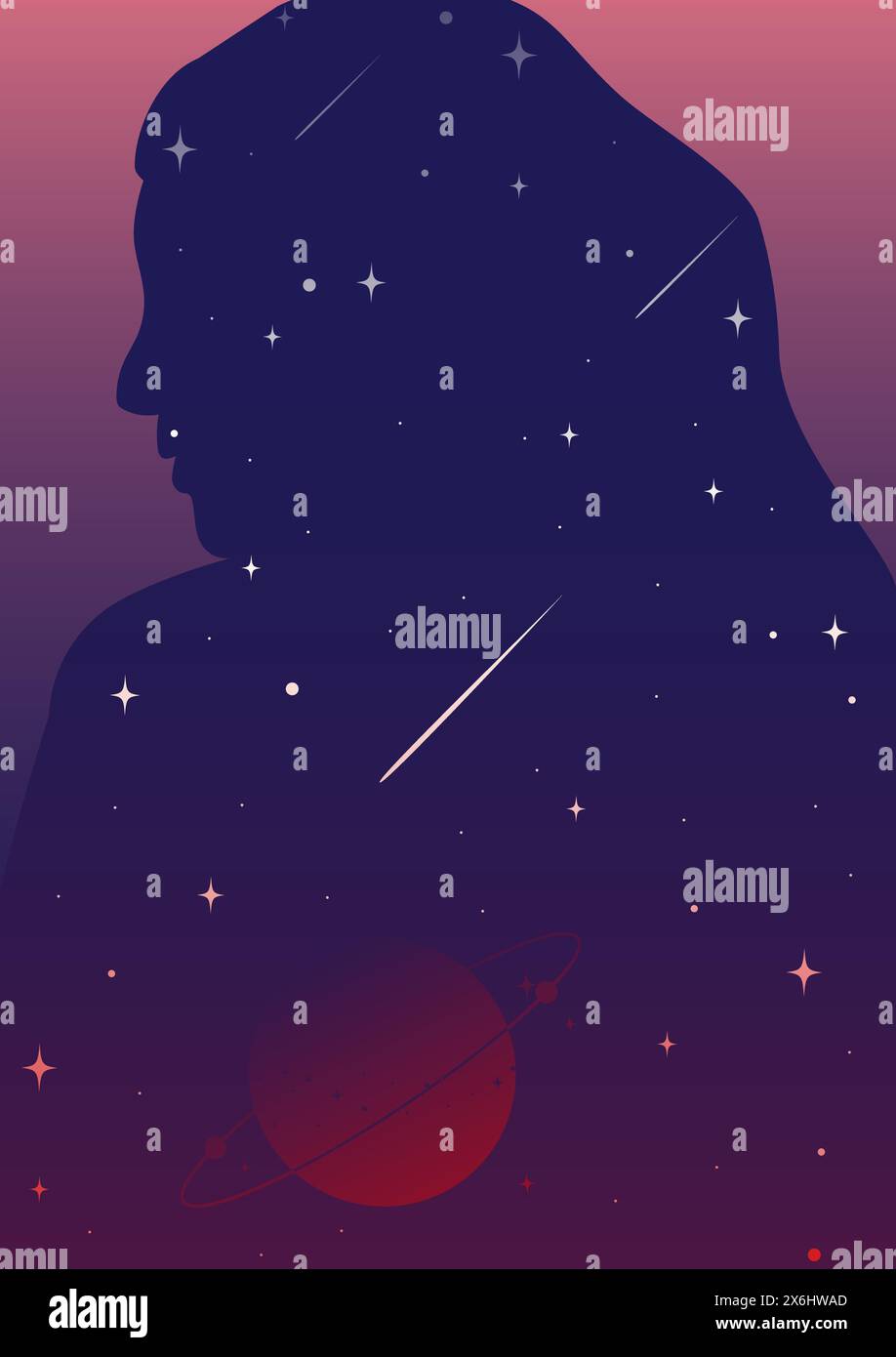 Profile of a woman with the hair full of stars poster illustration ...