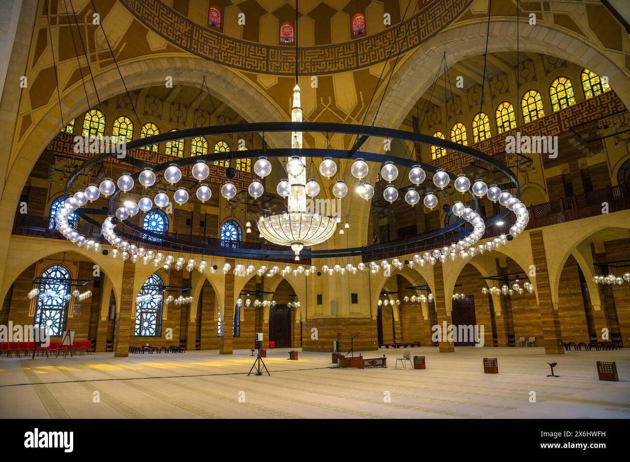 Sunlit interior of Al Fateh Grand Mosque in Manama, Bahrain Stock Photo ...