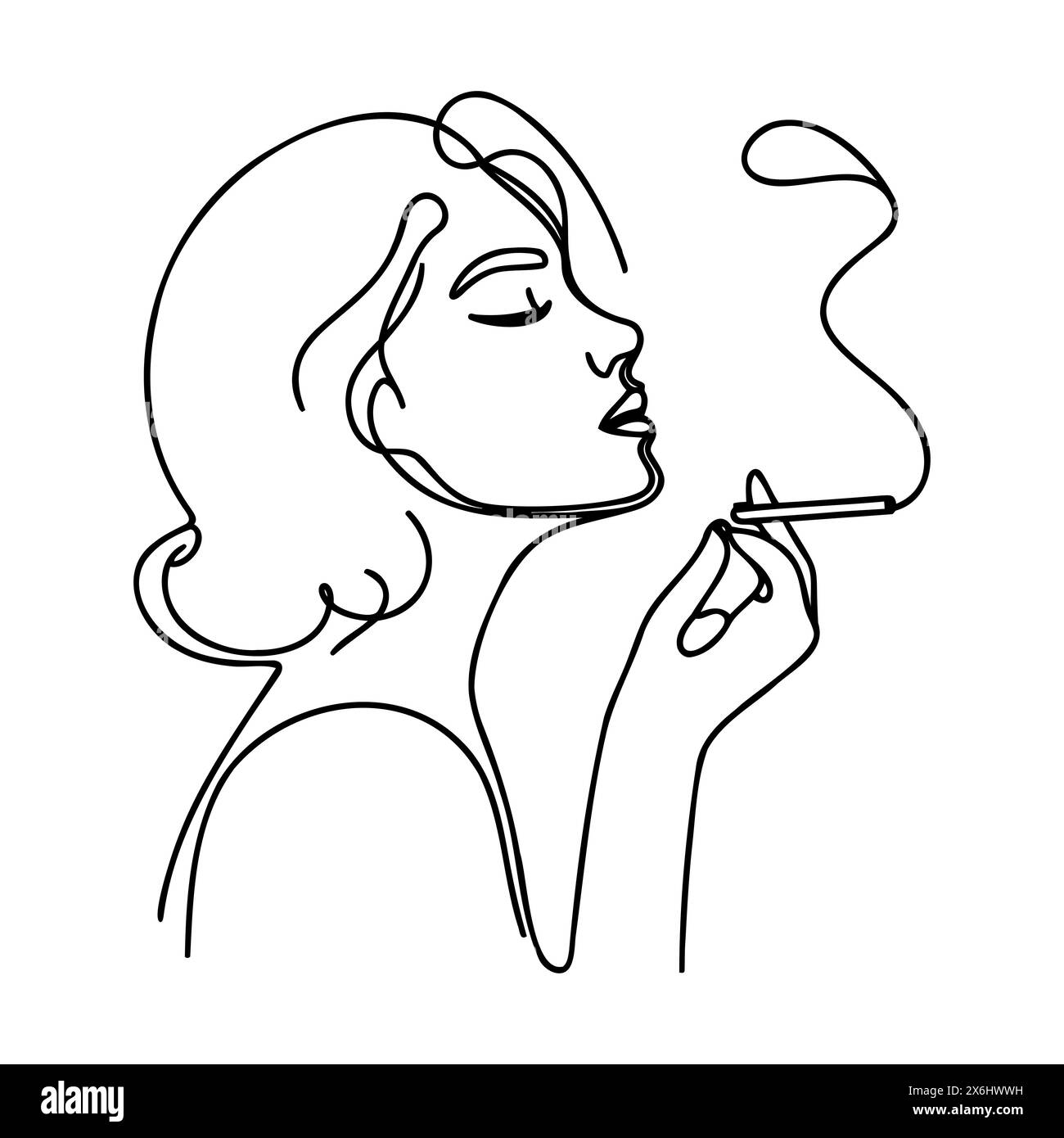 Woman with a cigarette in her mouth one line drawing on white isolated ...