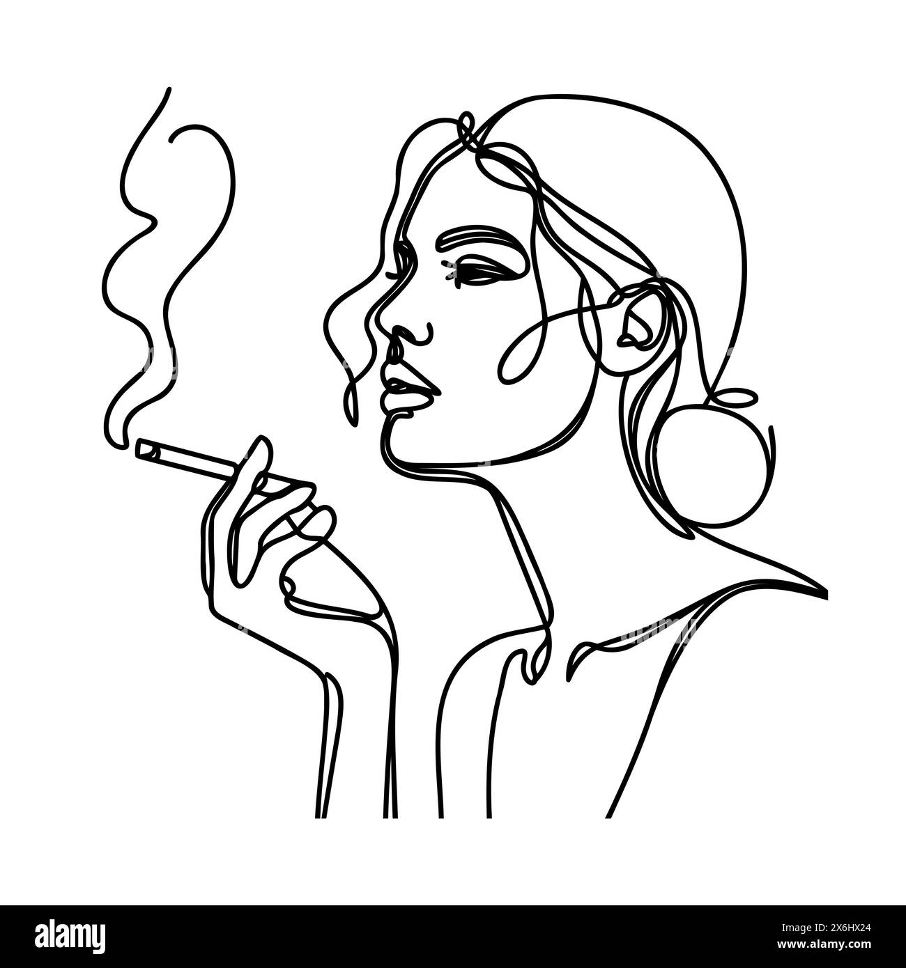 Woman with a cigarette in her mouth one line drawing on white isolated ...