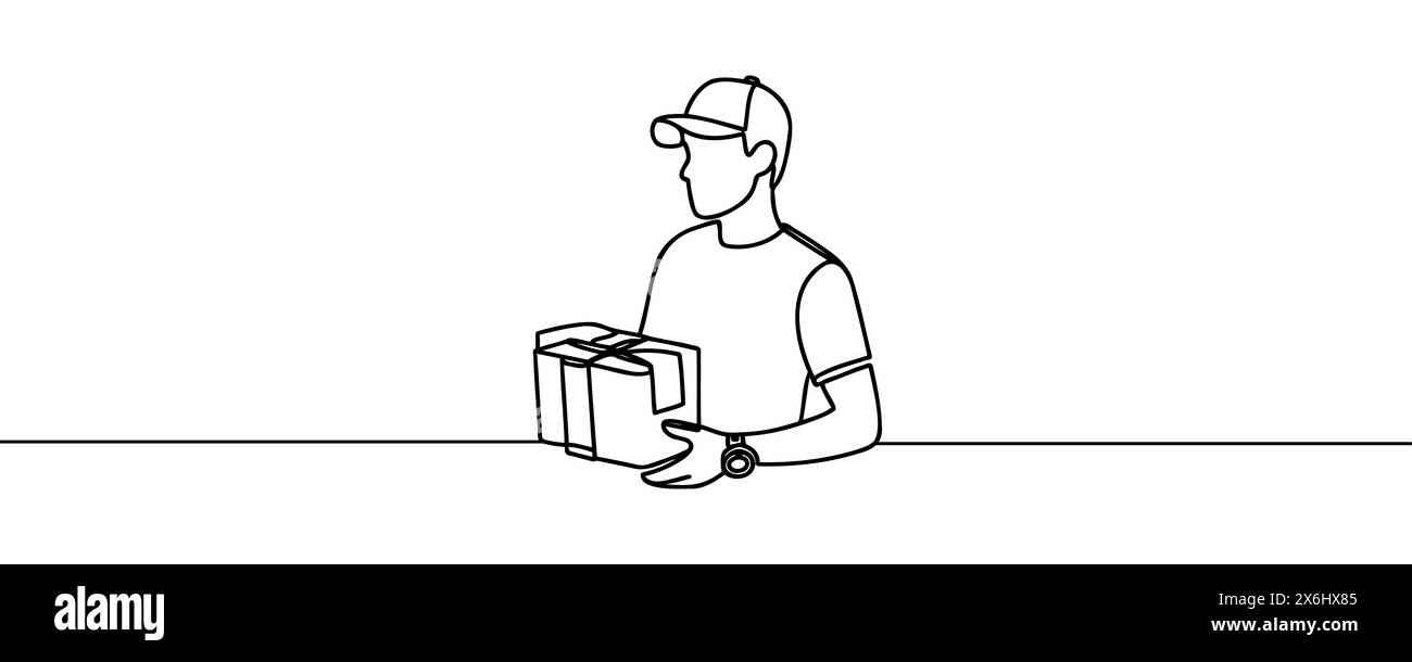 continuous one line drawing of parcel delivery. Young guy with a ...