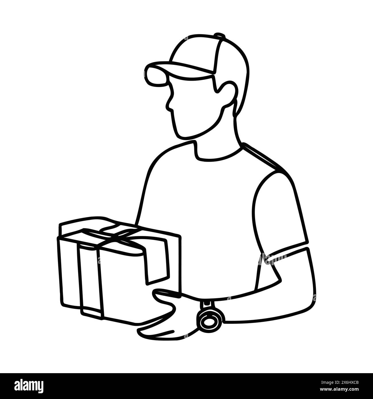 continuous one line drawing of parcel delivery. Young guy with a ...