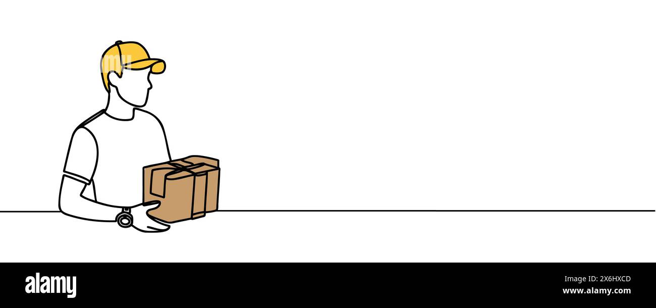 continuous one line drawing of parcel delivery. Young guy with a ...