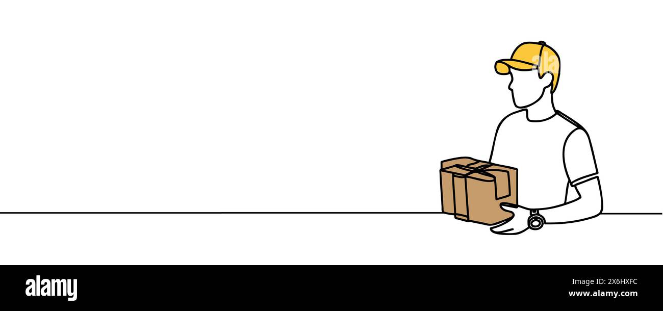 continuous one line drawing of parcel delivery. Young guy with a ...