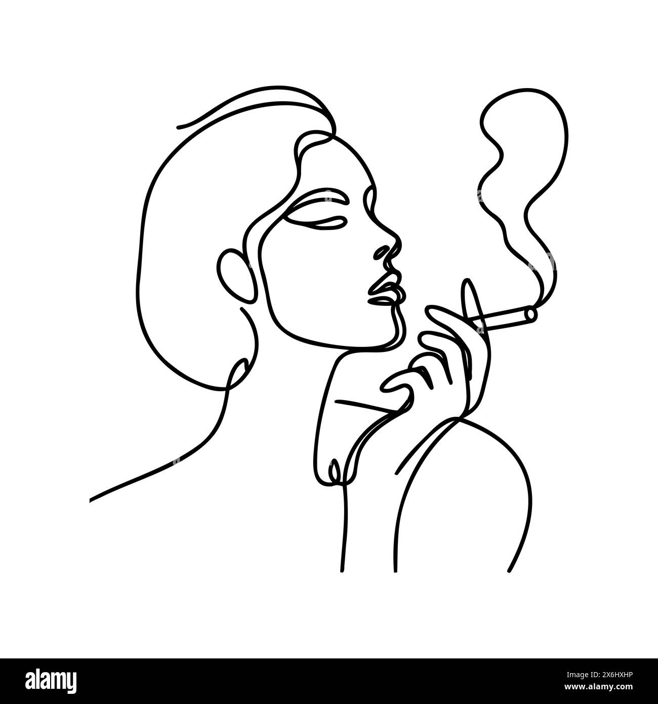 Woman with a cigarette in her mouth one line drawing on white isolated ...