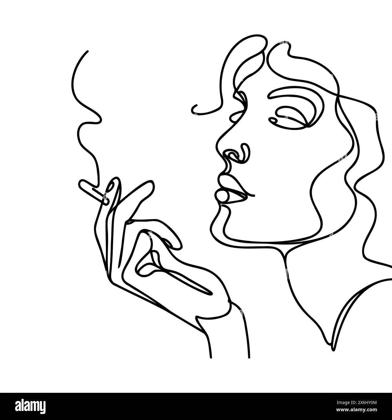 Woman with a cigarette in her mouth one line drawing on white isolated ...