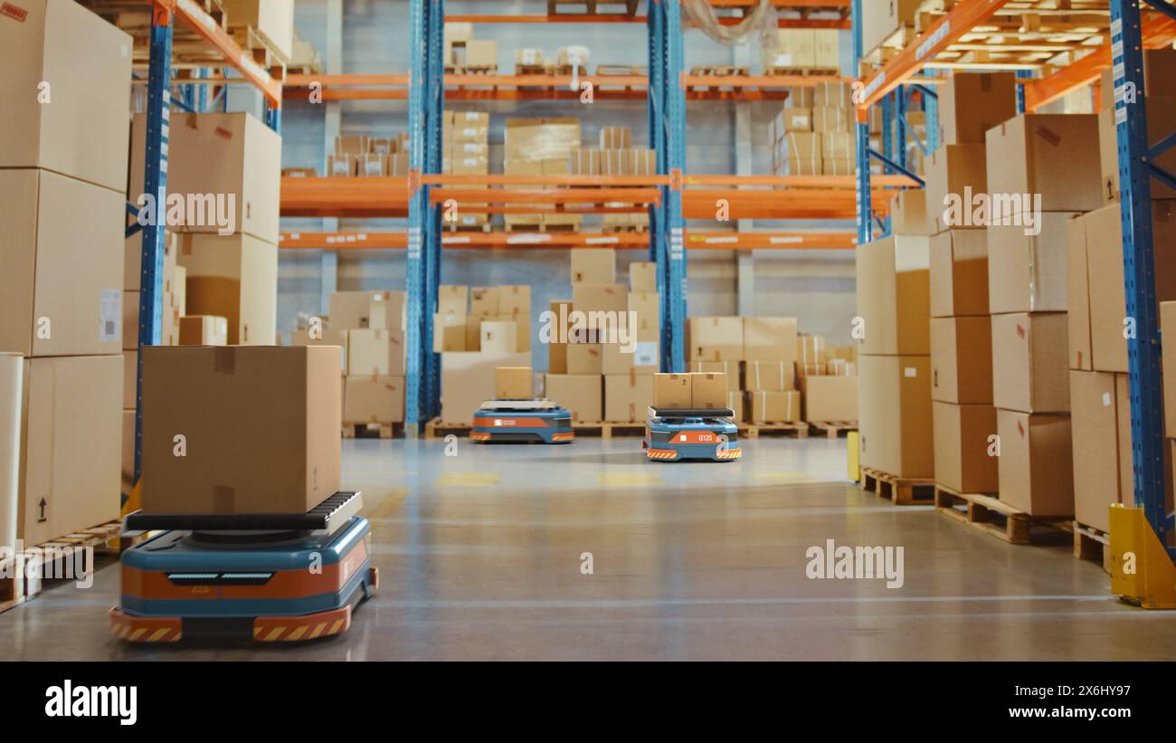Future Technology 3D Concept: Automated Modern Retail Warehouse AGV Robots Transporting ...