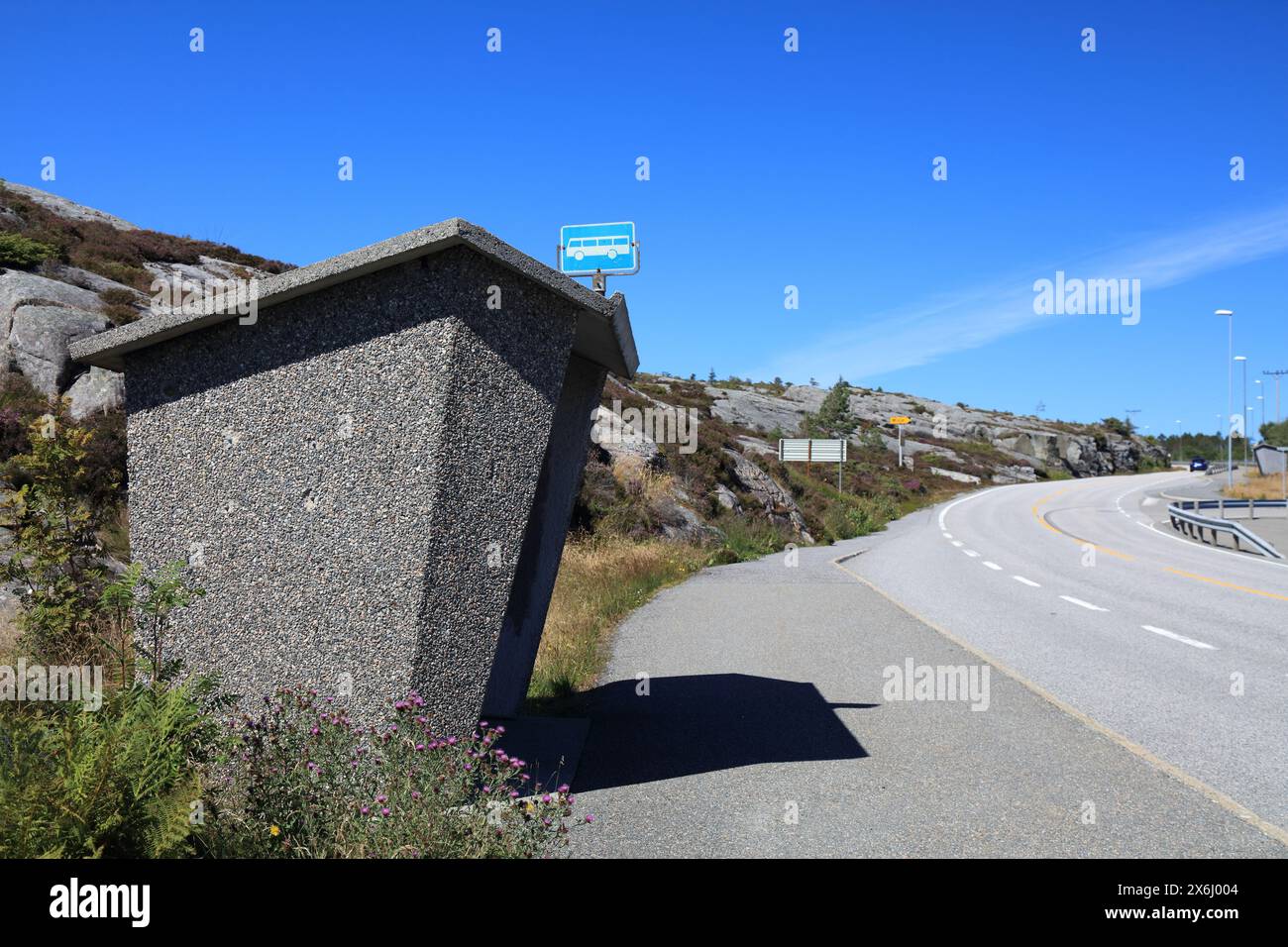 Bus stop in Norway made of concrete conglomerate slabs. Oygarden ...