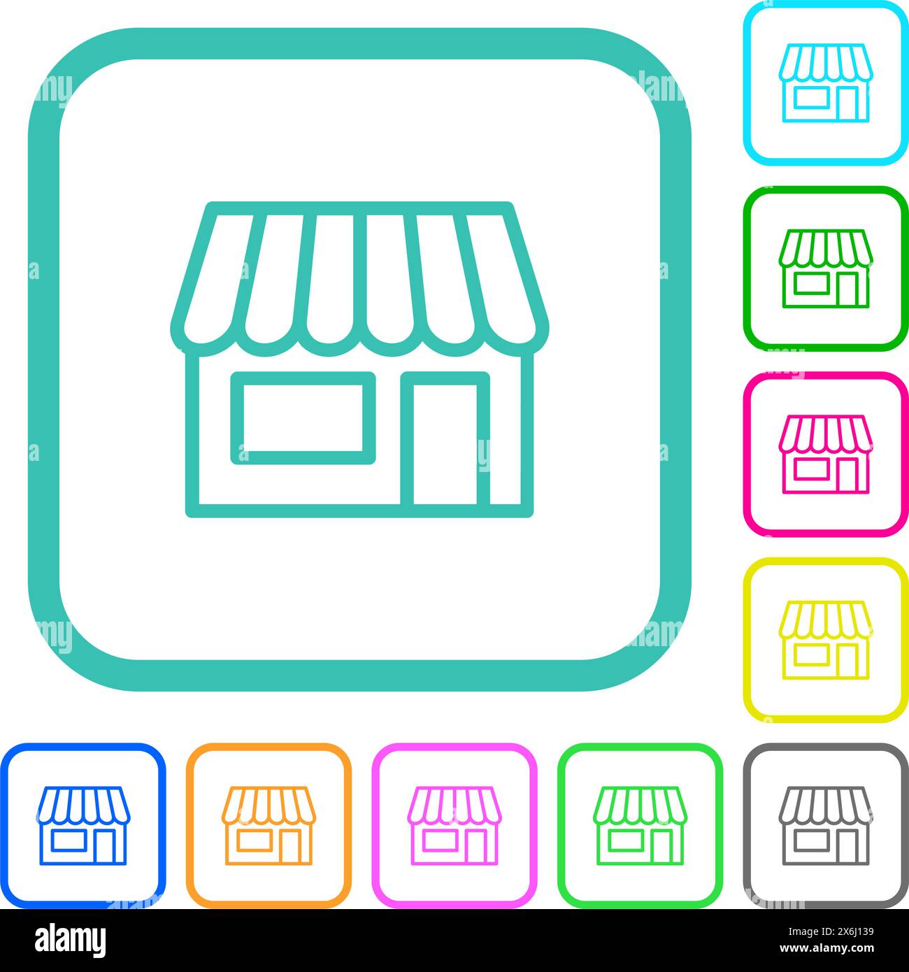 Store front outline vivid colored flat icons in curved borders on white ...