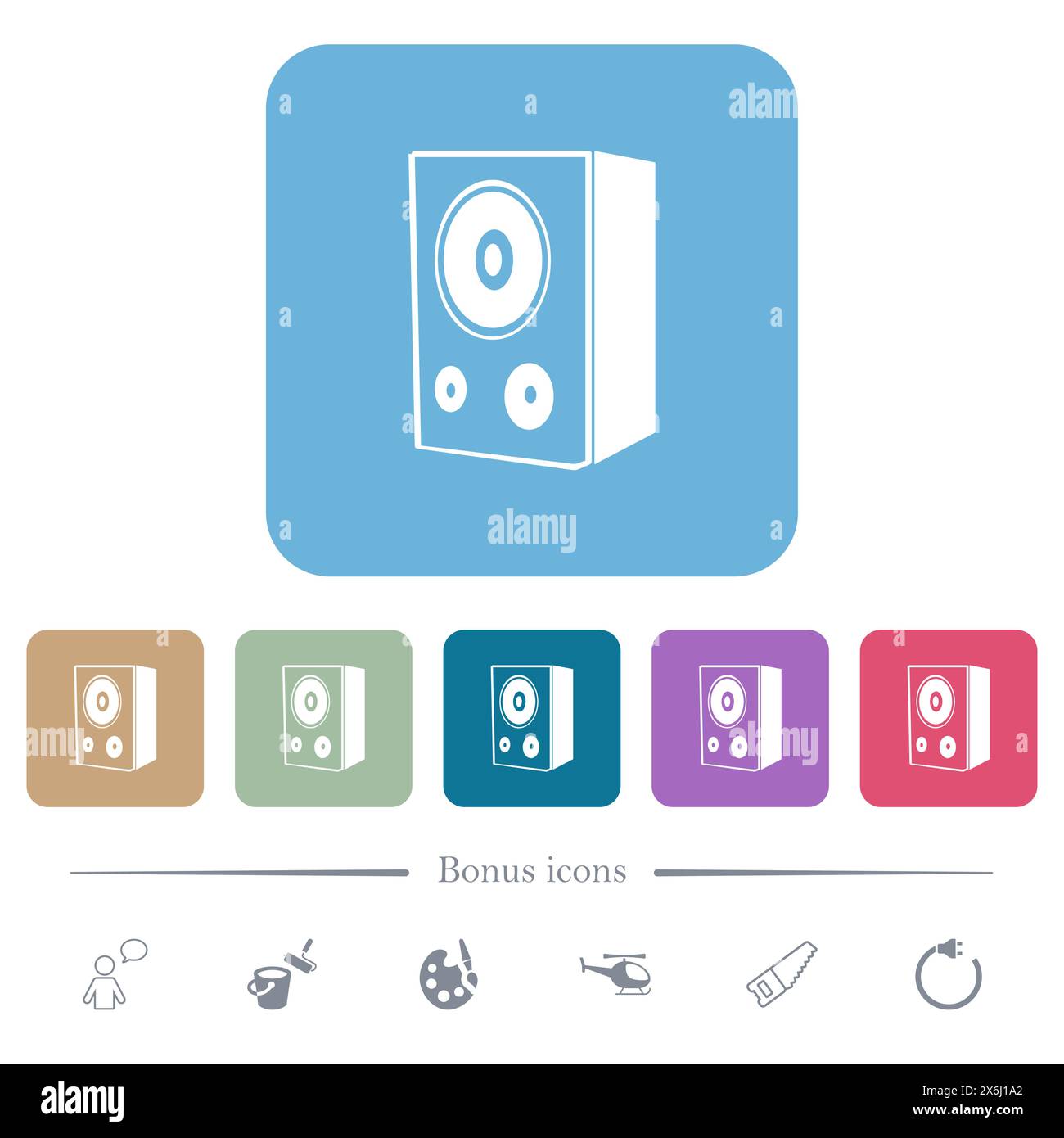 Speaker white flat icons on color rounded square backgrounds. 6 bonus ...