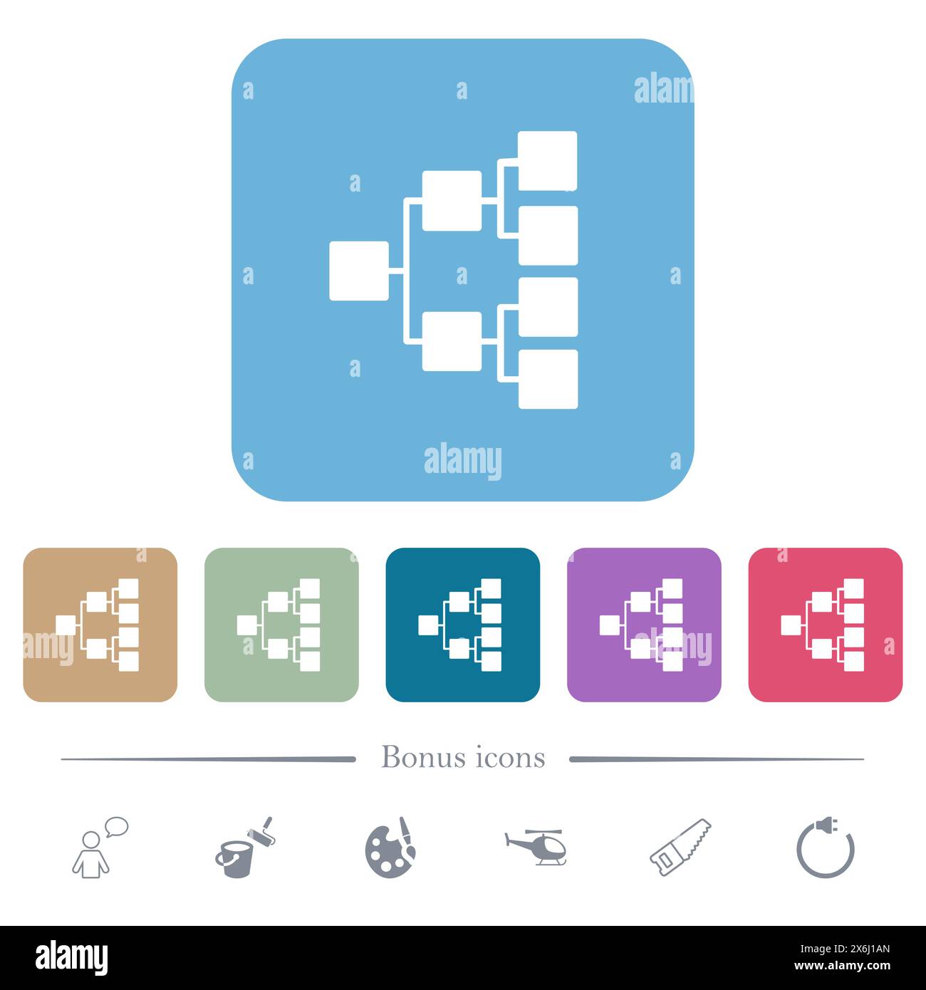 Organizational chart right solid white flat icons on color rounded square backgrounds. 6 bonus ...