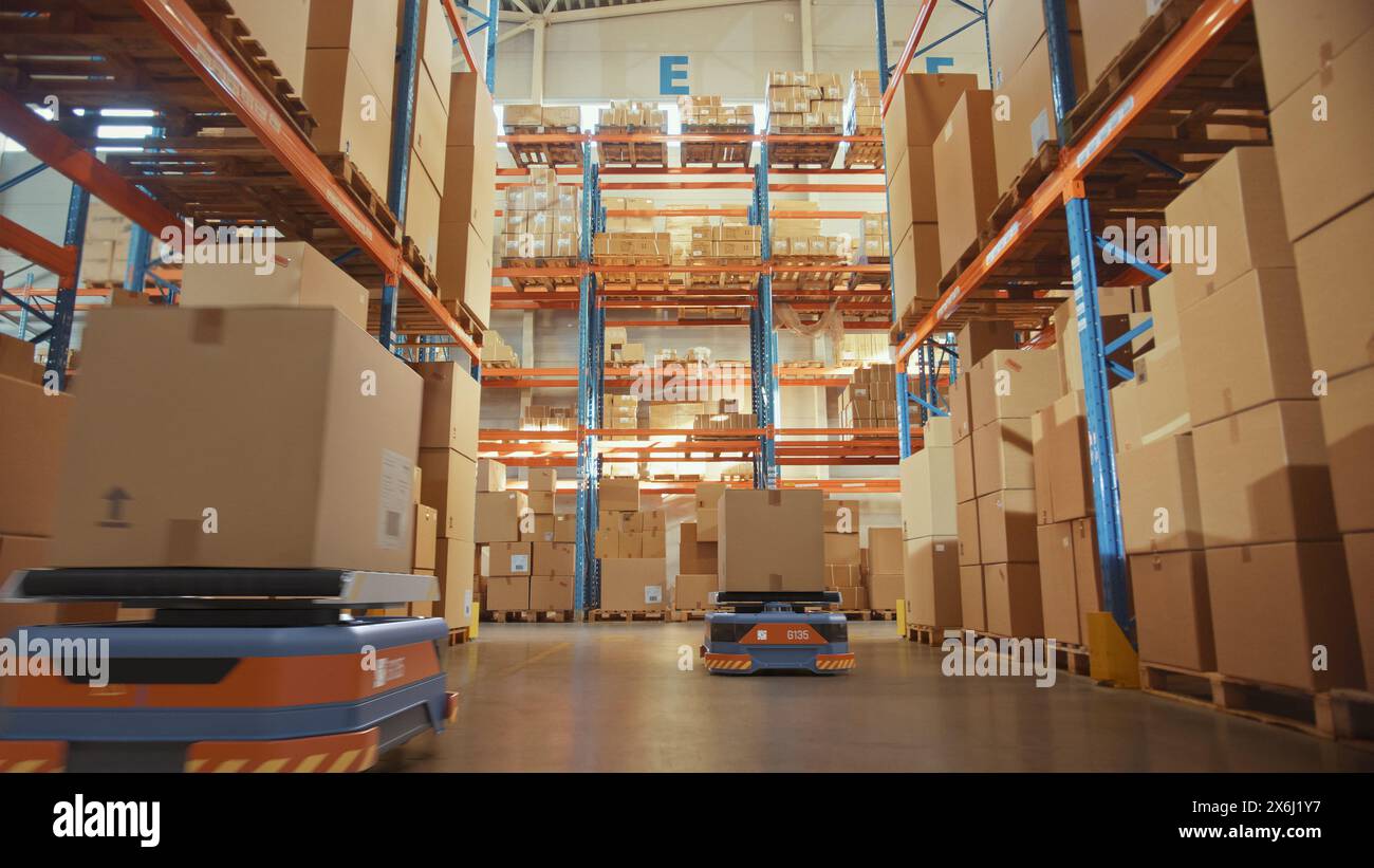 Future Technology 3D Concept: Automated Modern Retail Warehouse AGV Robots Transporting ...
