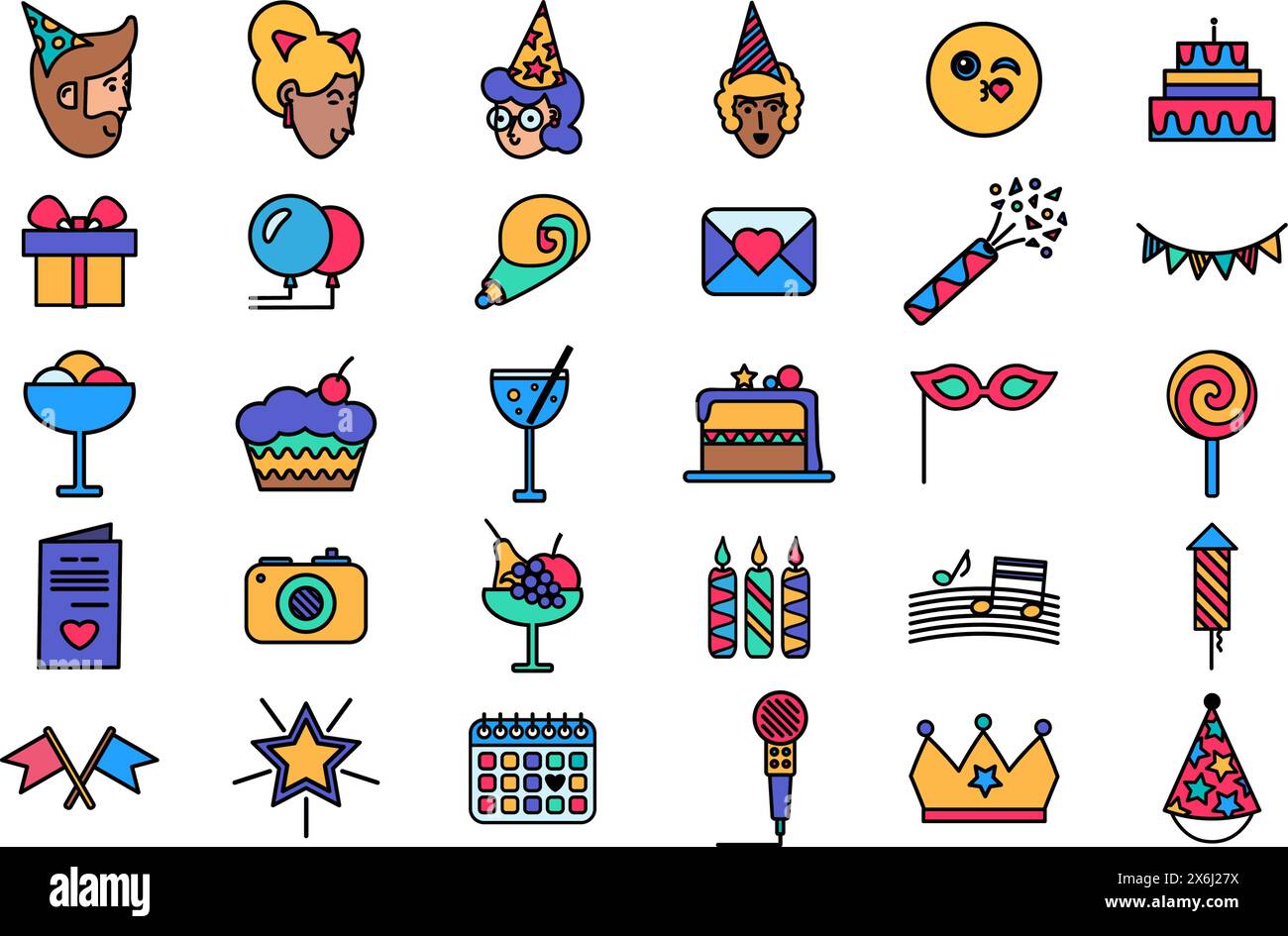 Set of birthday party colored icons. Outline of holiday food ...