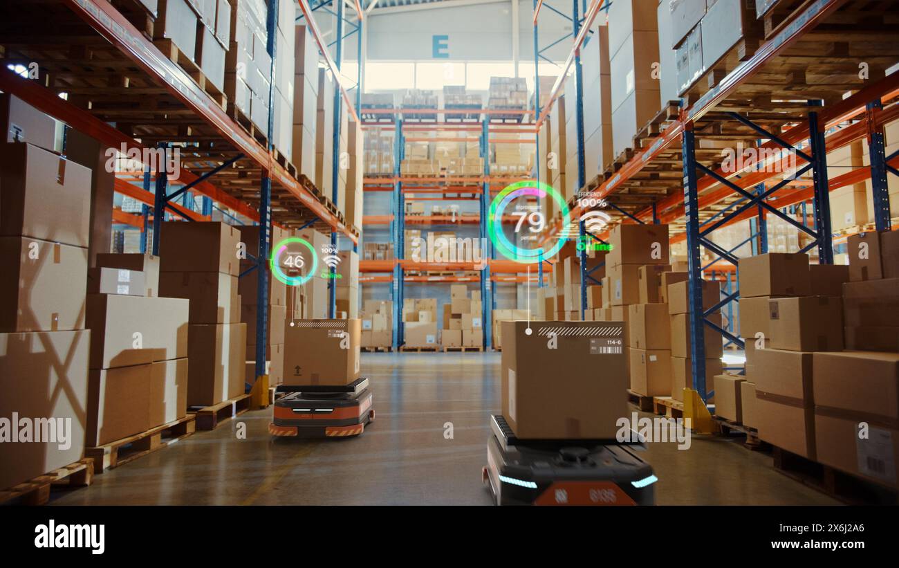 Future Technology 3D Concept: Automated Retail Warehouse AGV Robots with Infographics Delivering ...