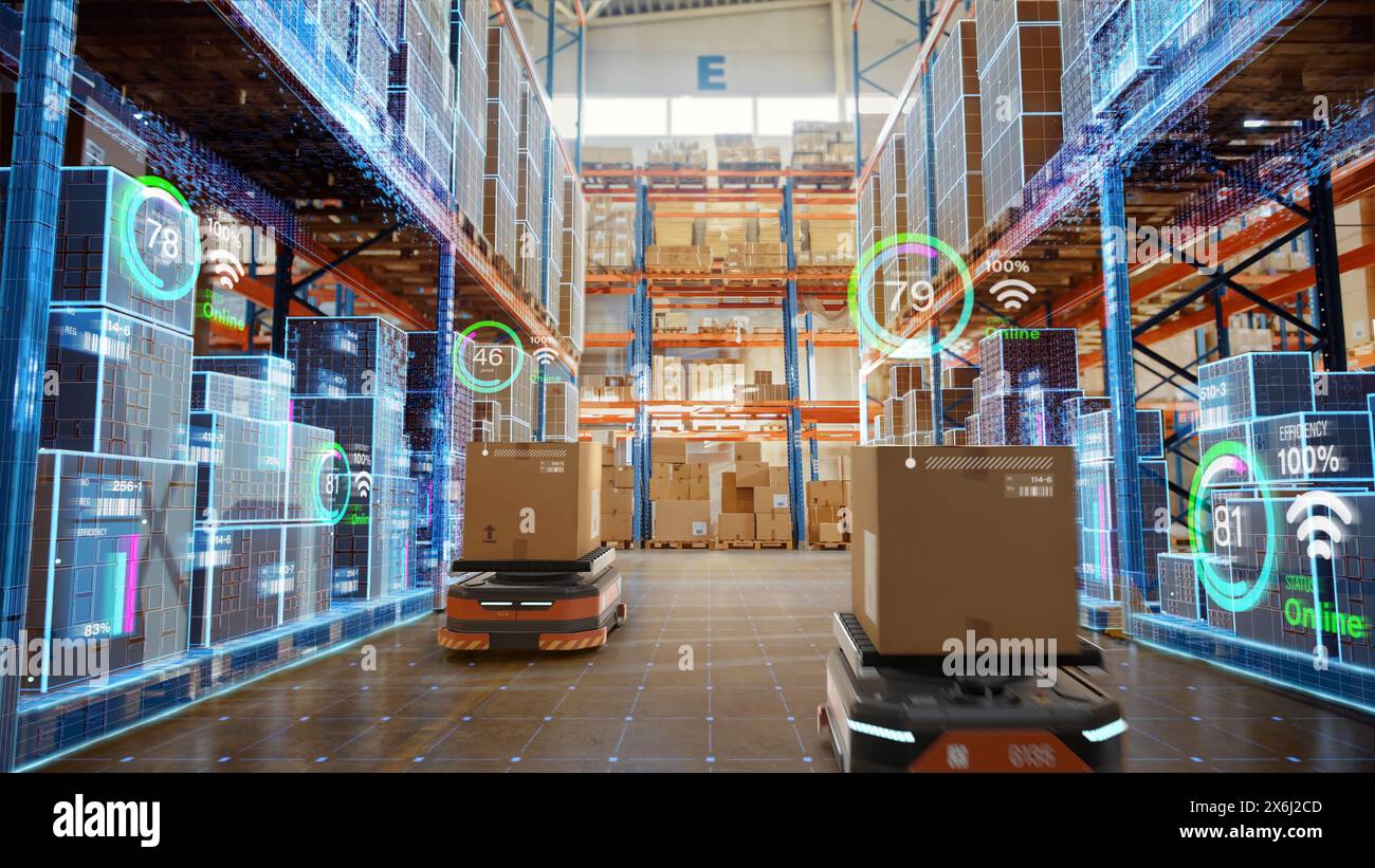 Future Technology 3D Concept: Automated Retail Warehouse AGV Robots with Infographics Delivering ...