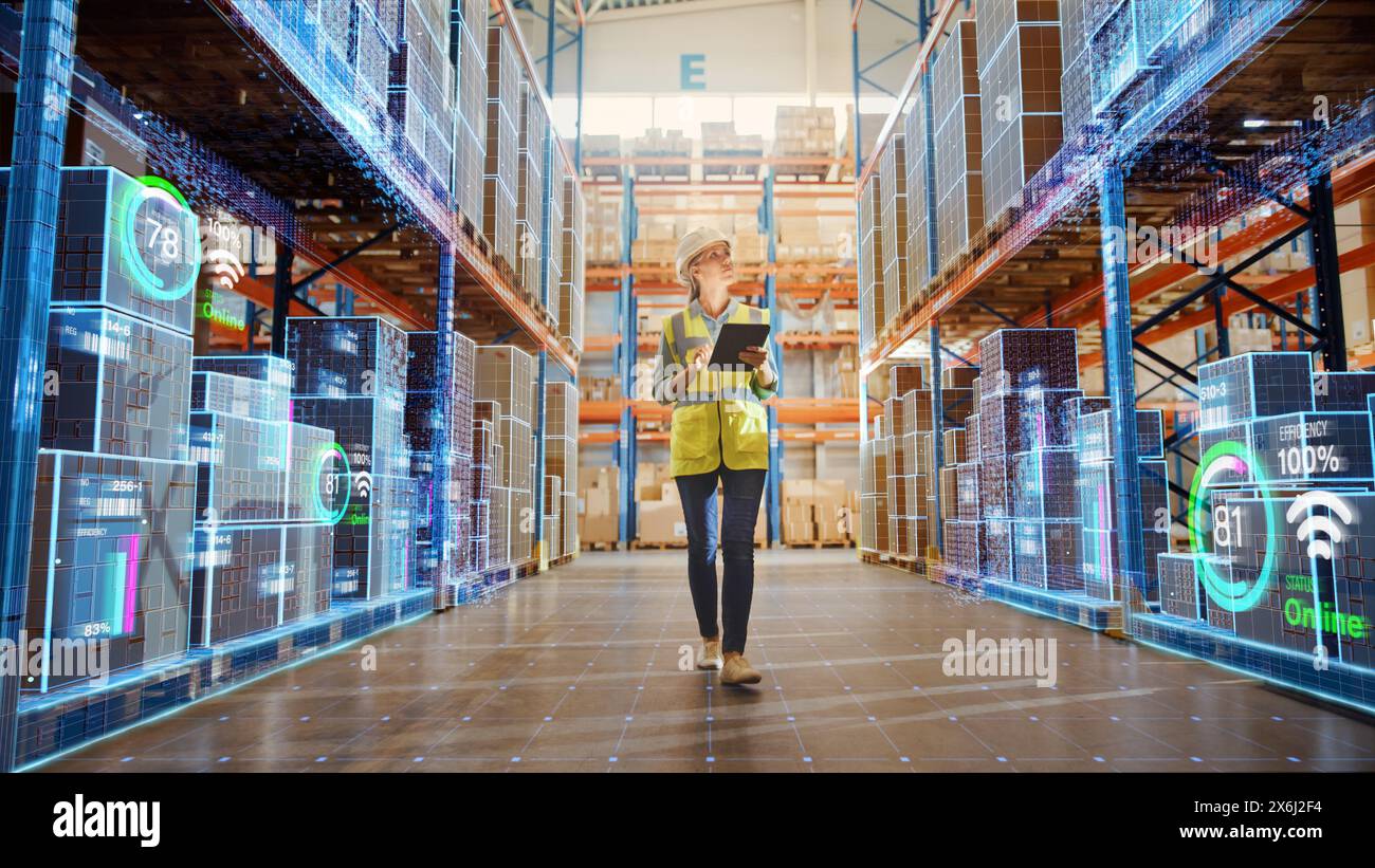 Futuristic Technology Retail Warehouse: Worker Doing Inventory Walks ...