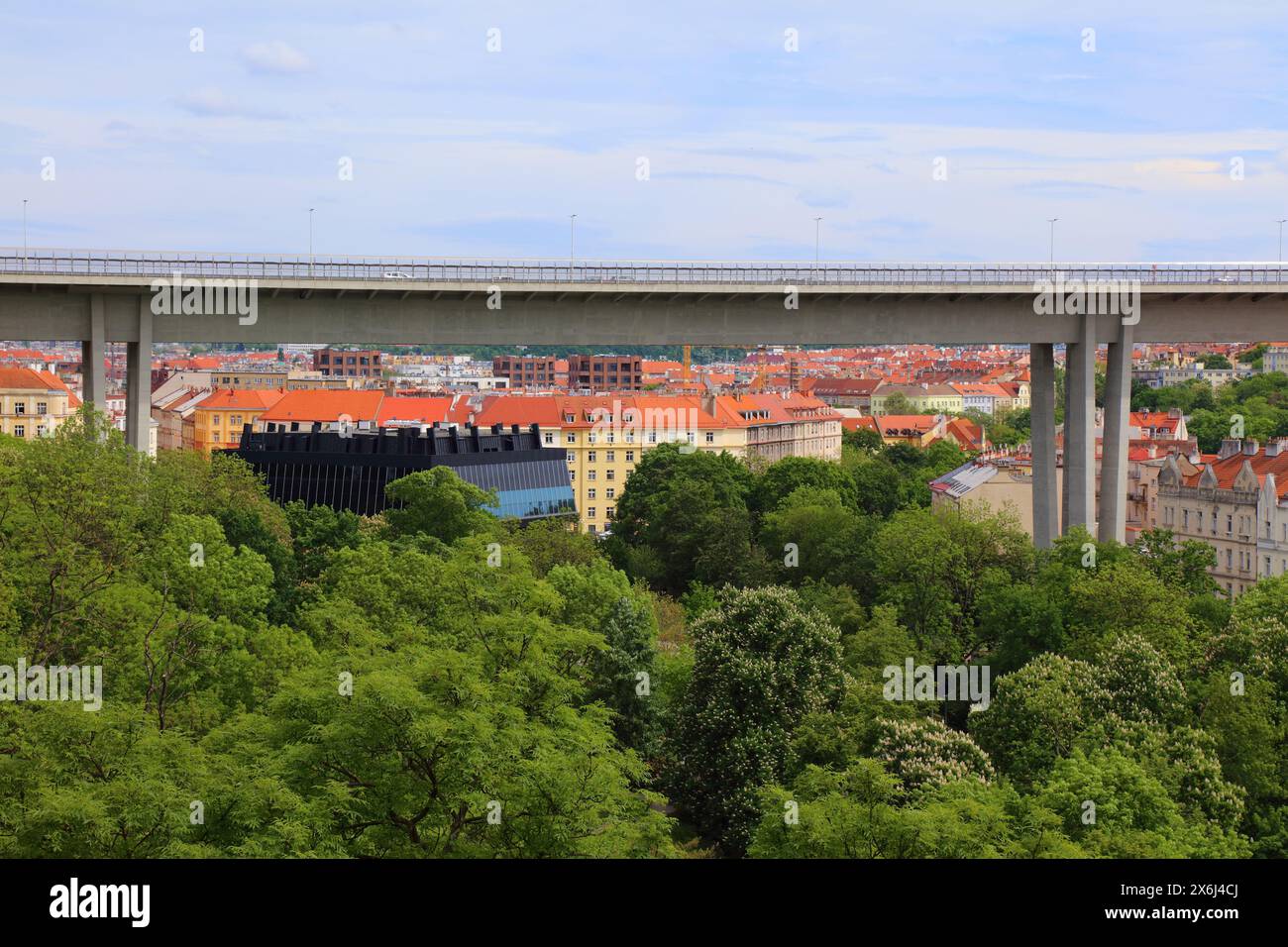 Prague city view with Nusle Bridge (Nuselsky Most). Prestressed ...