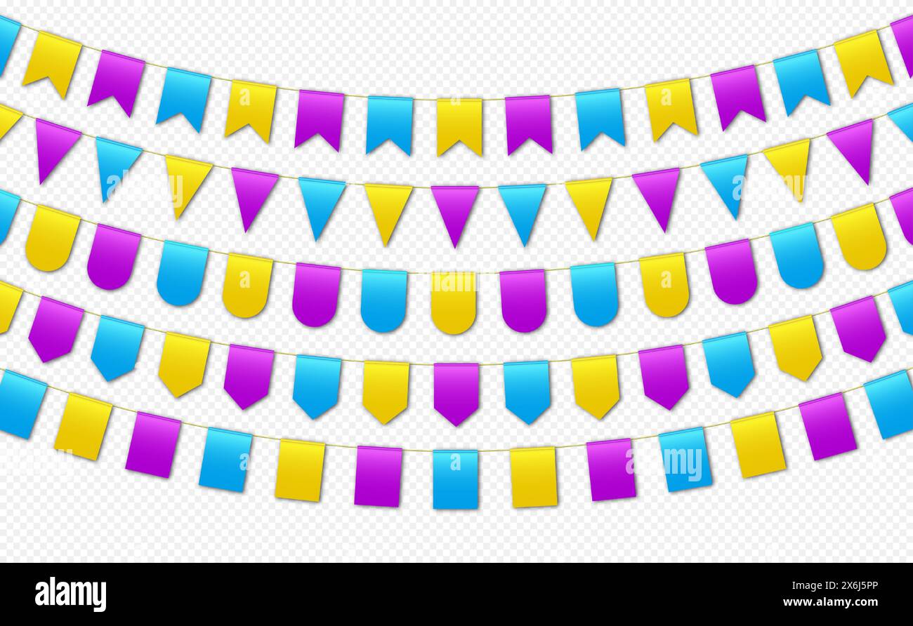Bunting flags, carnival party flags, festive pennants hanging on a rope ...