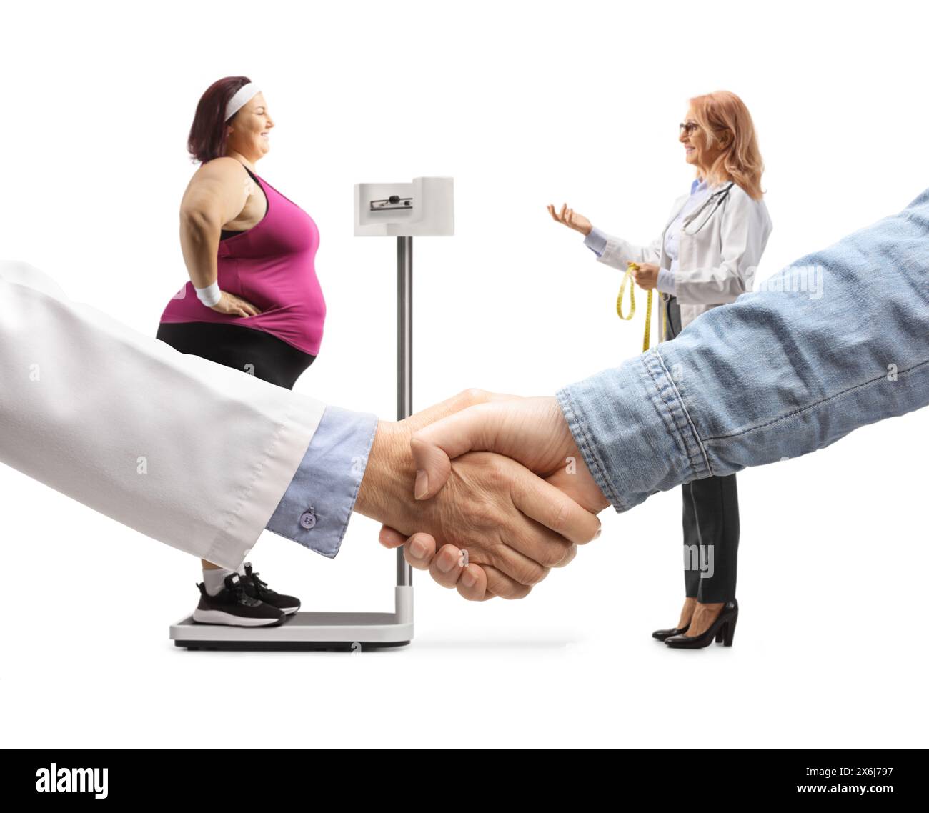 Doctor shaking hand with a patient, weight loss clinic concept isolated ...