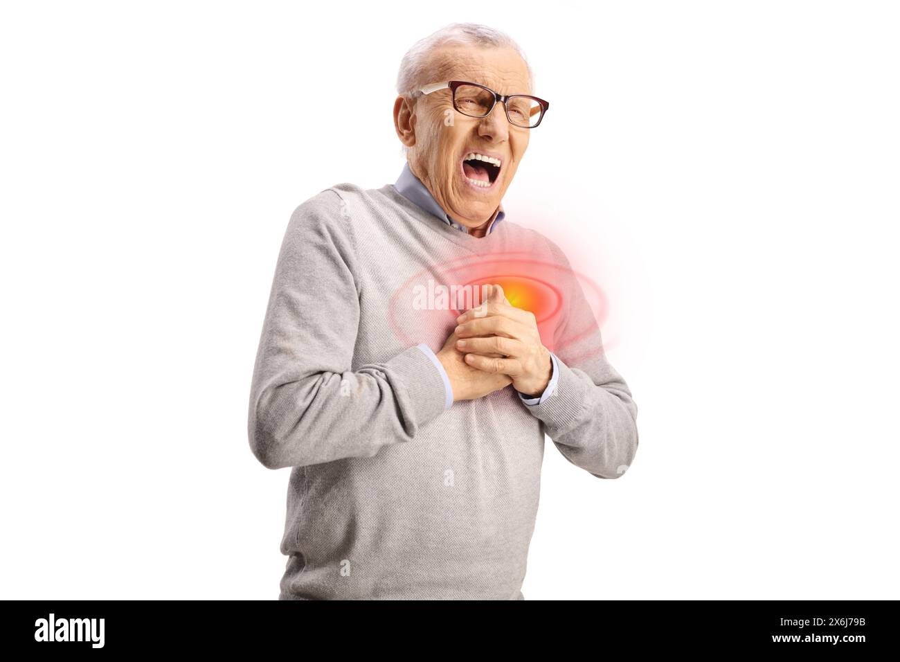 Elderly man with chest pain screaming isolated on white background ...